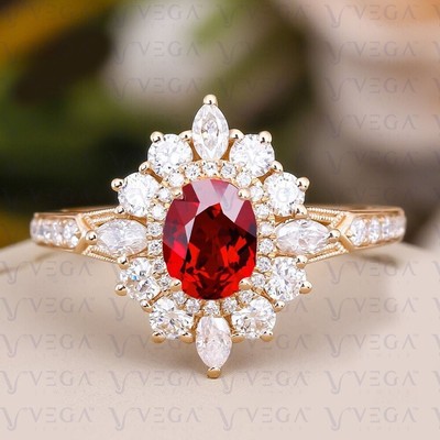 4.39ct Oval Shape Red Natural Ruby Gemstones Diamond Ring Real 14K ...