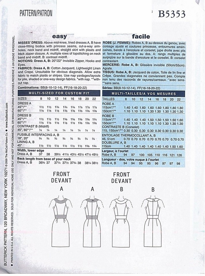 OOP Butterick 5353 Dress Fitted Lined Sewing Pattern Misses Plus Size ...