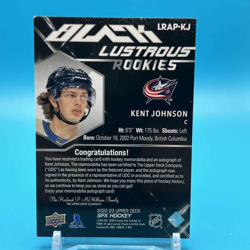 Kent Johnson 2022-23 Upper Deck SPX Black Lustrous Rookies RPA 7/75 # ...