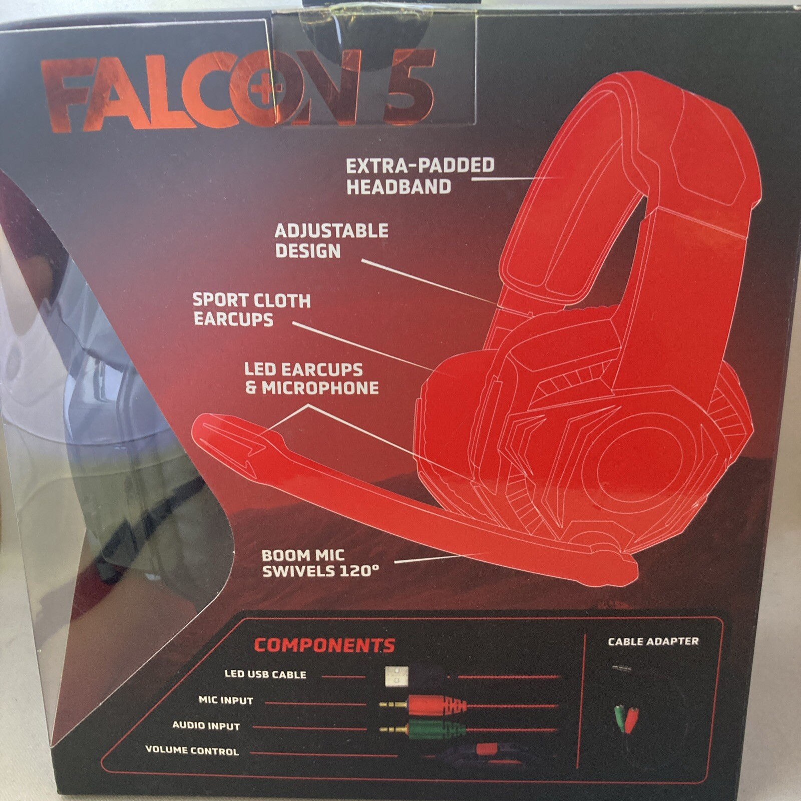 Falcon 5 Elite Gaming Headset Red Led-lights Boom Mic Noise-reducing ...