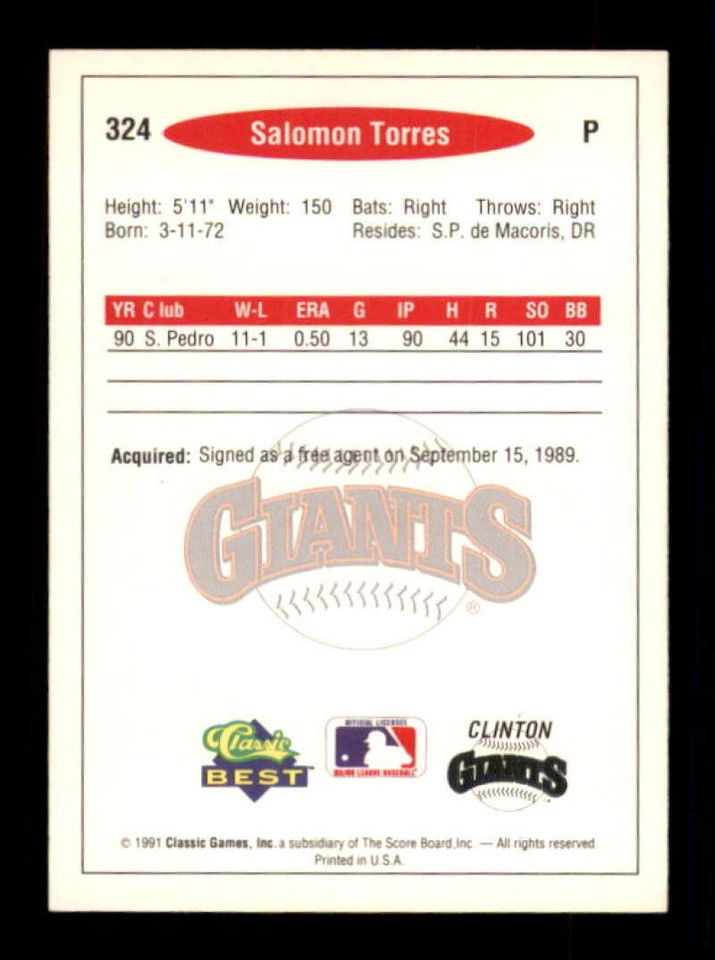 1991 Classic Best #324 Salomon Torres AUTOGRAPHED!!!! 242918 | eBay