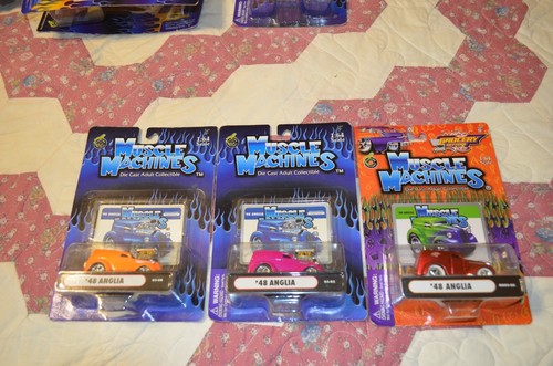 3 Muscle Machines '48 Anglia Orange, Red, Dk Pink 1/64 Scale Diecast ...