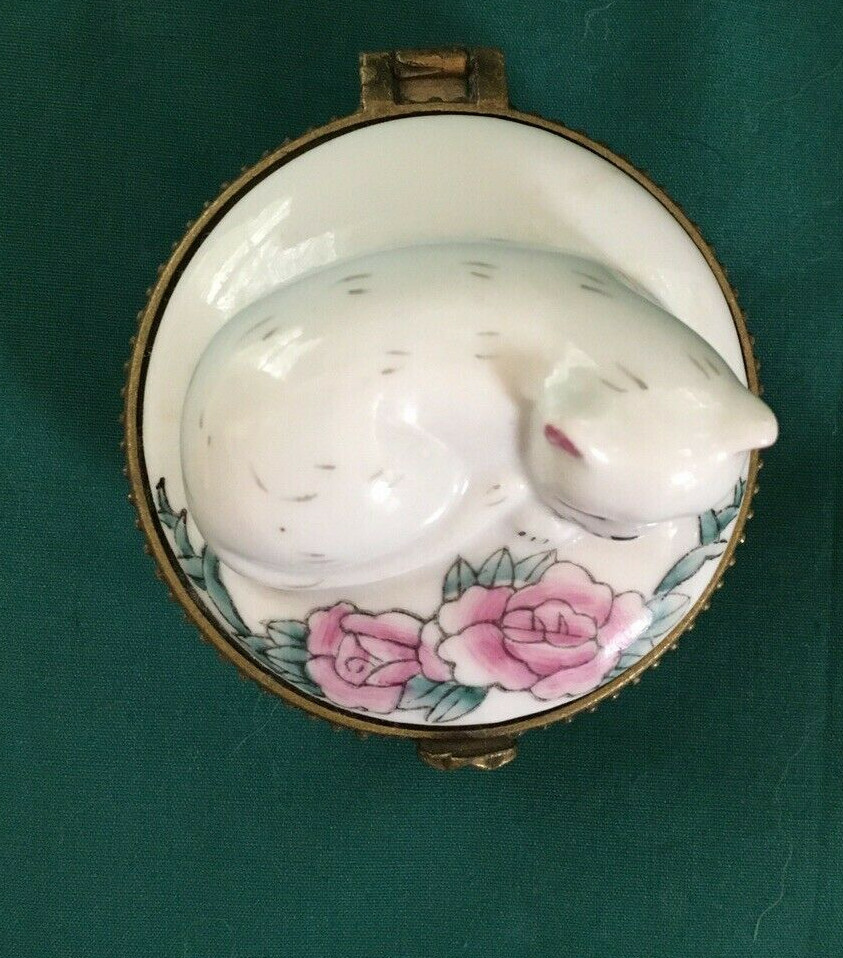 Miniature White Cat Rose Floral Porcelain Hinge Hinged Jewel Trinket ...