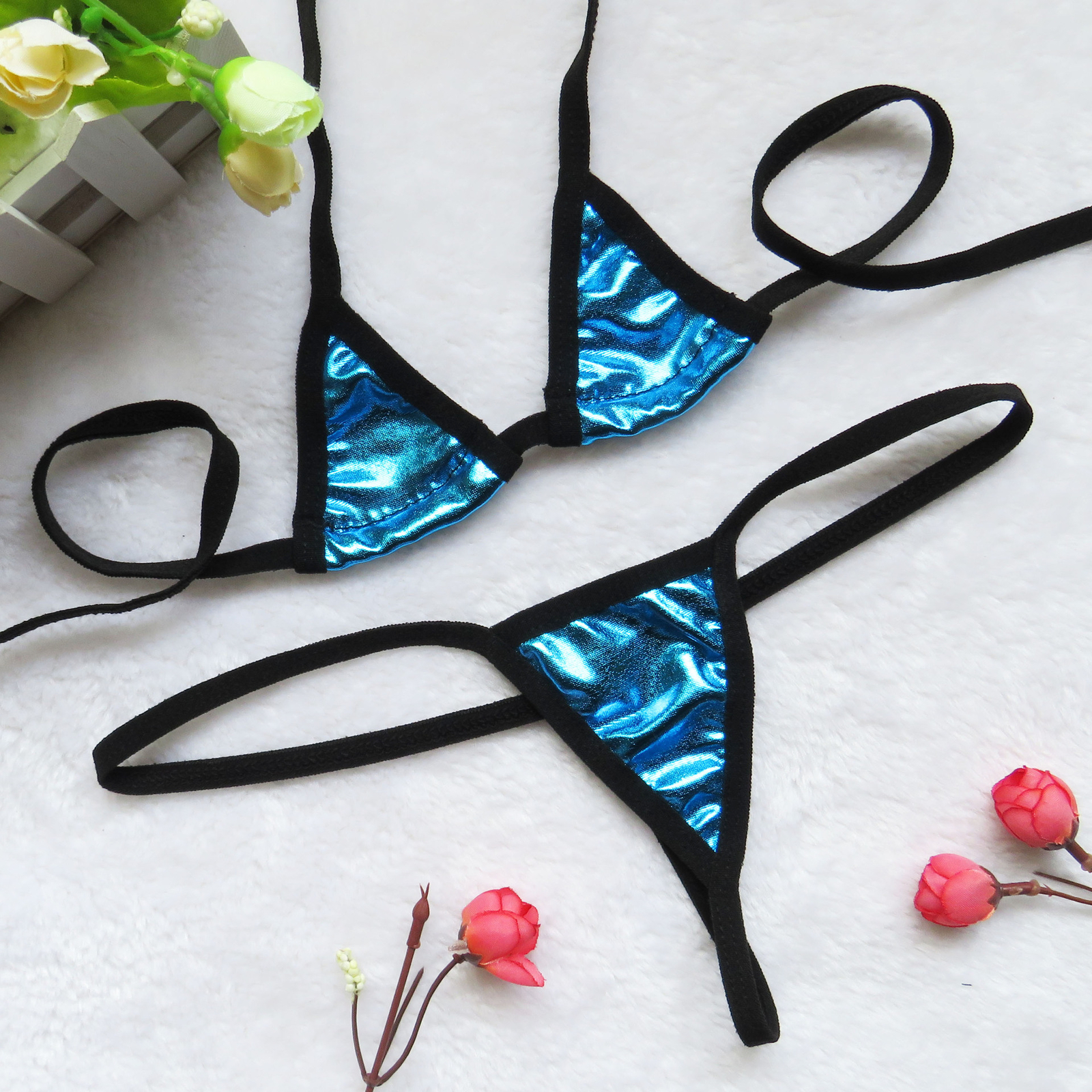 Women Micro Bikini Set Shiny Bra Top Mini G-String Tback Swimsuit Thong Lingerie | eBay