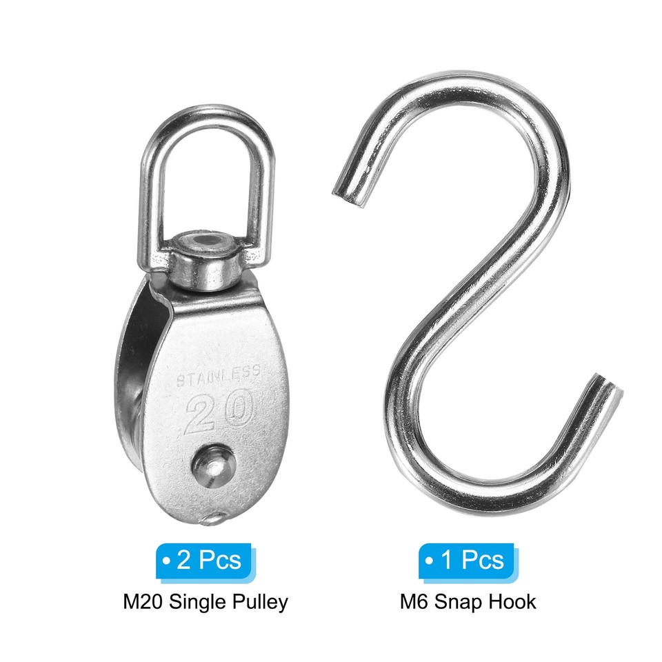 304 Stainless Steel Single Pulley Block Load 165lbs M20 with S Hook 2 ...