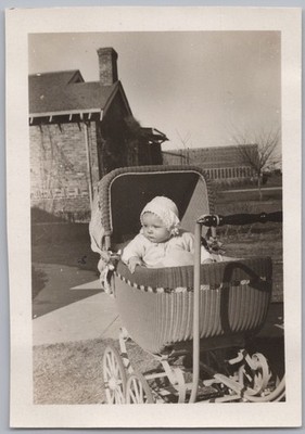 Baby in Bonnet Sits in Woven Wicker Stroller Outdoors 1930s Snapshot ...