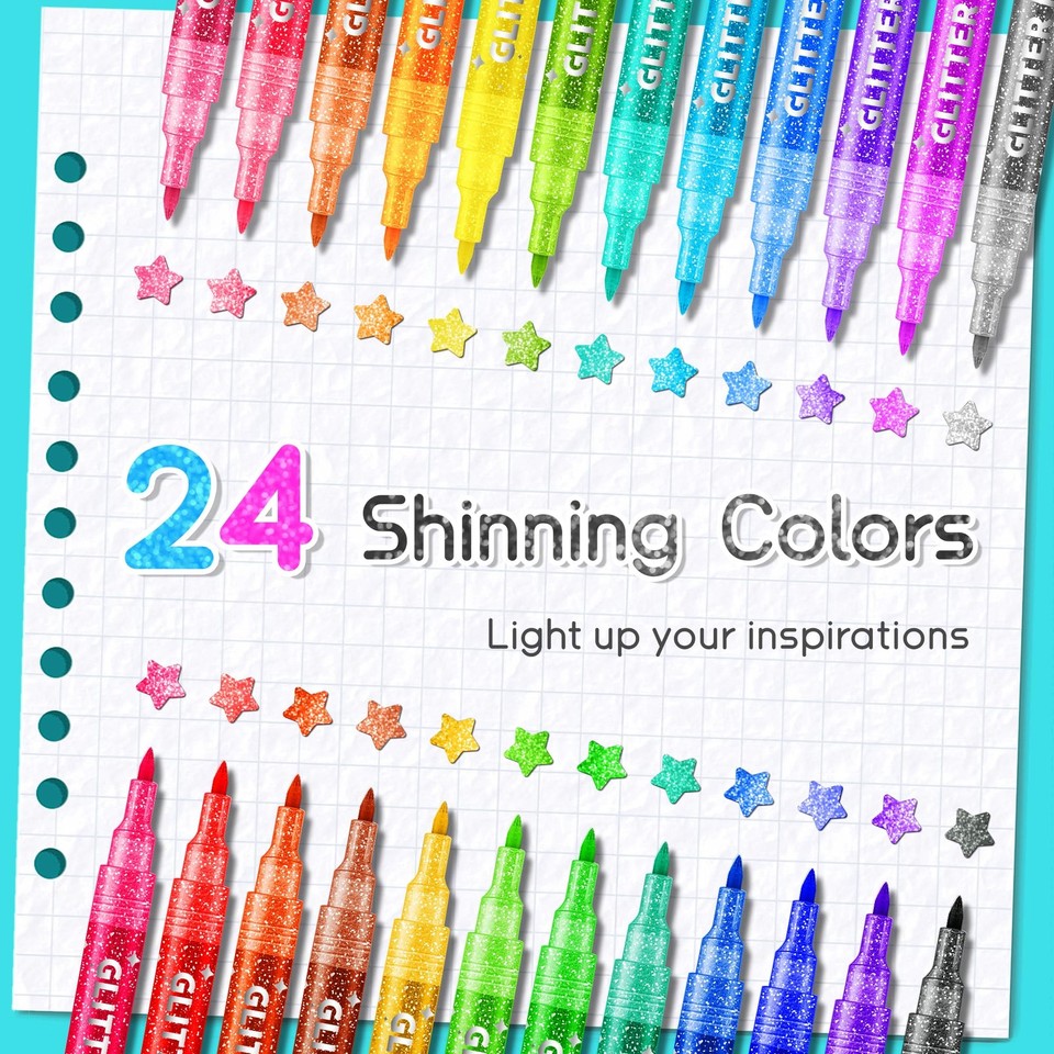 Glitter Markers Pens, 24 Colors Glitter Paint Pens Set Acrylic Sparkle ...