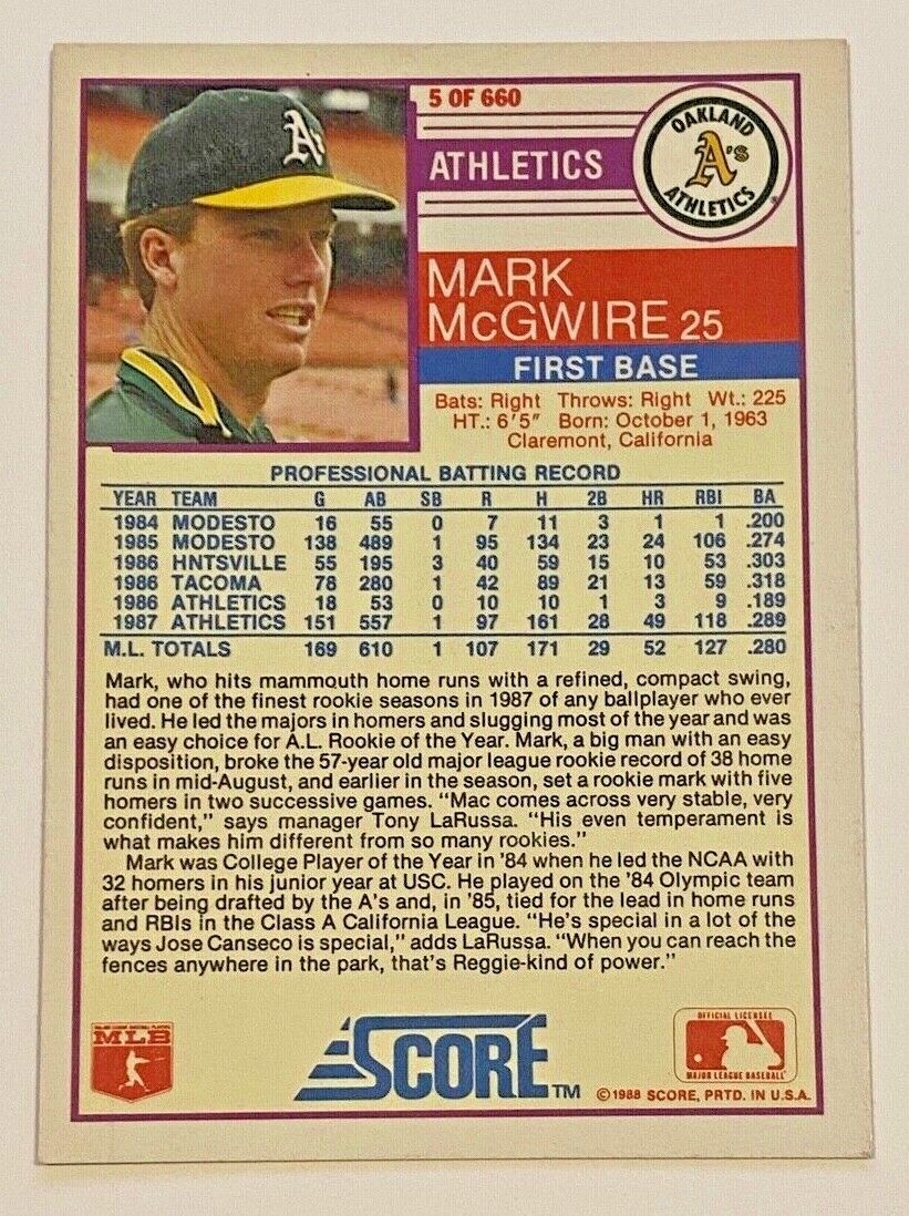 1988 Score Mark McGwire #5 Oakland A's | eBay