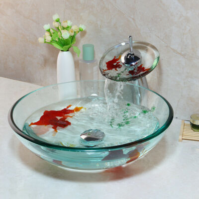 Goldfish Wash Basin Combo Clear Glass Sink Mixer Waterfal Faucet Waste ...