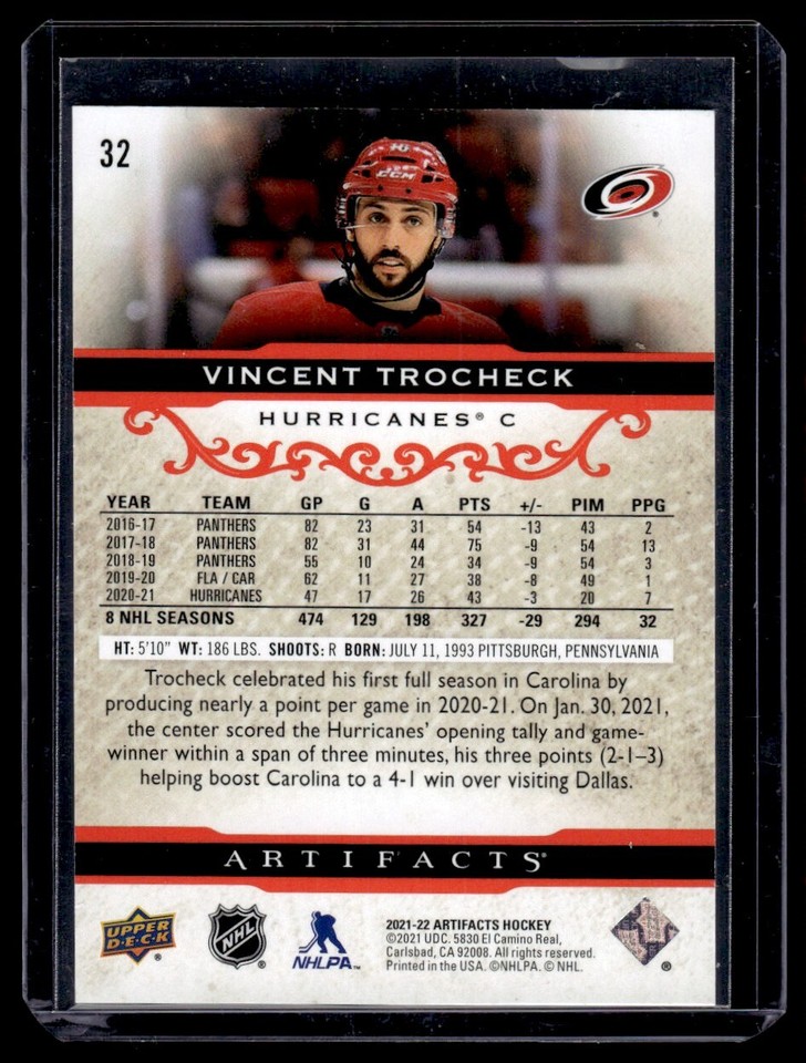 2021-22 Upper Deck Artifacts Ruby Vincent Trocheck 053/499 Carolina ...