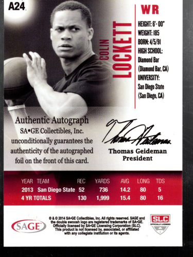 A7029- 2014 SAGE HIT Autographes #A24 Colin Lockett Auto - NM-MT | eBay
