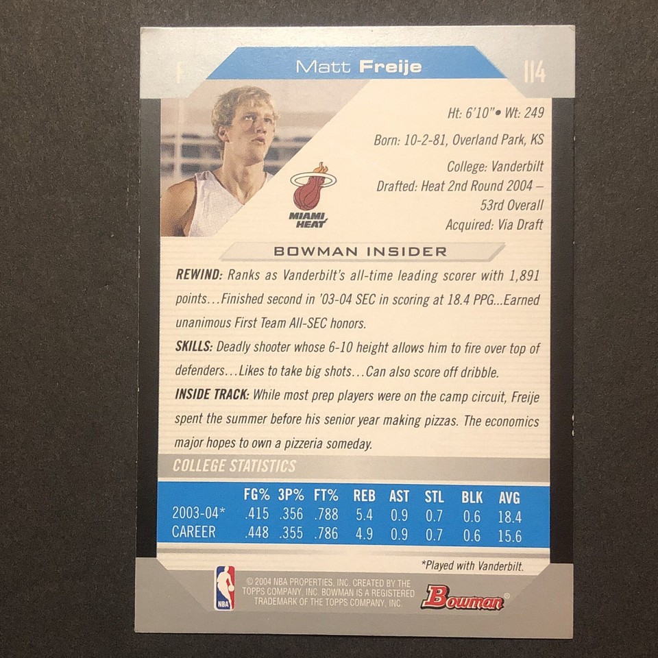 Matt Freije 2004-05 Bowman Rookie Card #114 RC Miami Heat | eBay