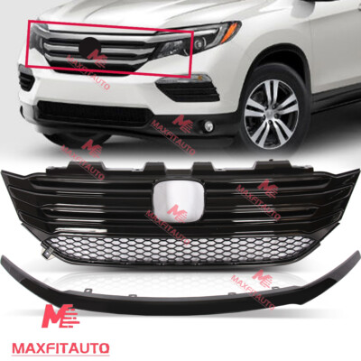 Fits 2016-2018 Honda Pilot Front Upper Grille and Molding Gloss BK ...