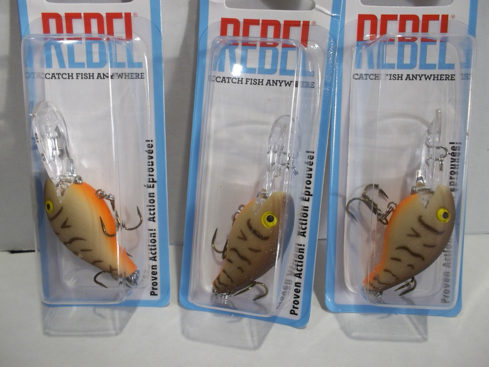 Lot of 3 Rebel crankbaits chart blue, firetiger or crawdad color 1-3/4 ...