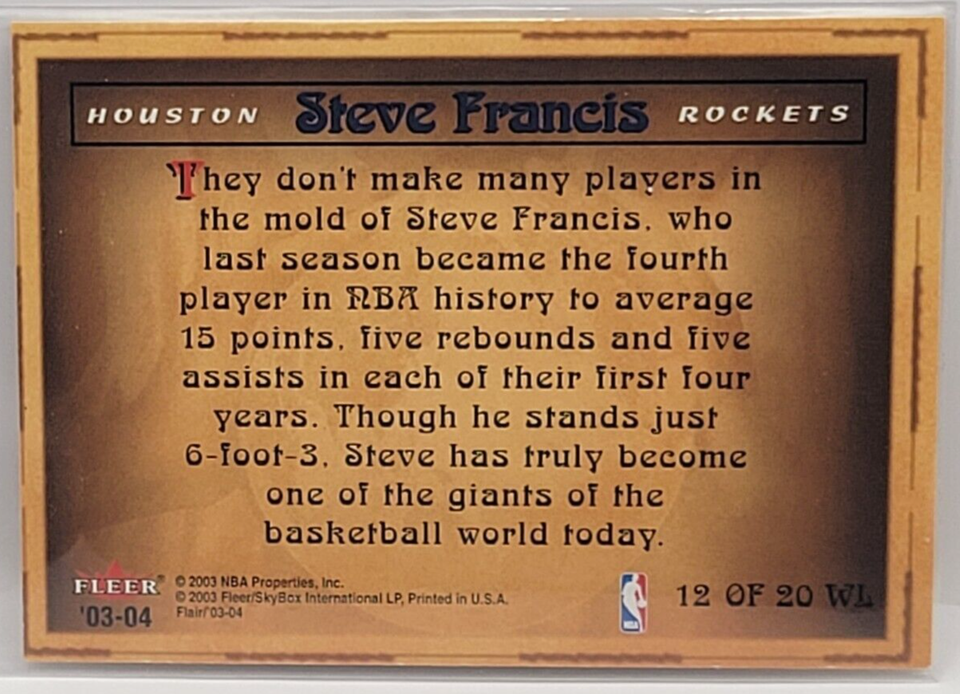 03-04 Flair World Leaders Steve Francis Insert Card (Houston Rockets ...