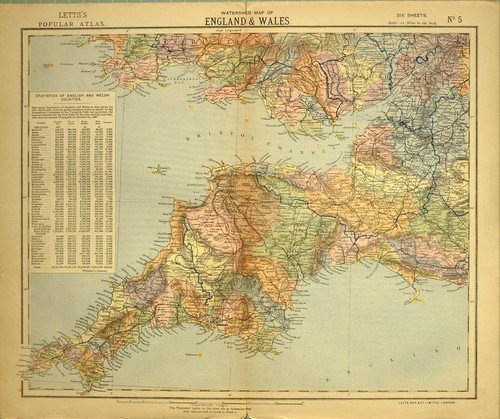 1883 LETTS MAP SOUTH WEST ENGLAND & WALES CORNWALL DEVON SOMERSET ...