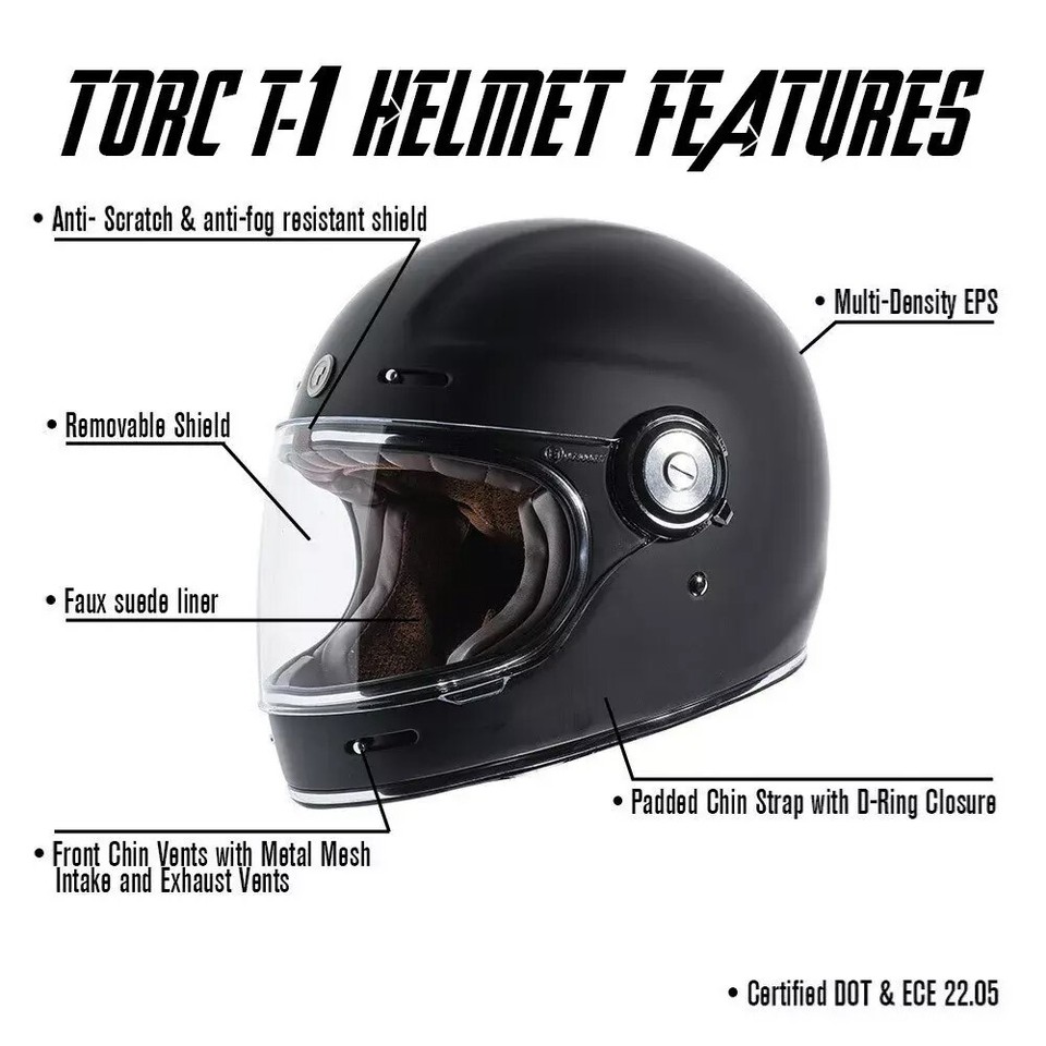 Gloss Black Motorcycle Bike Helmet Torc Newport T1 Captain Full Face ...
