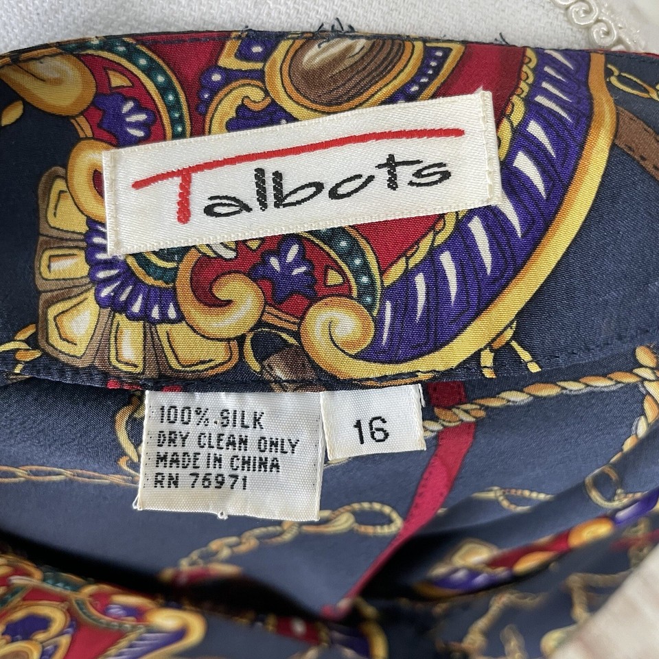 vintage Talbots silk blouse sz shoulder pads bold chain blue gold print ...