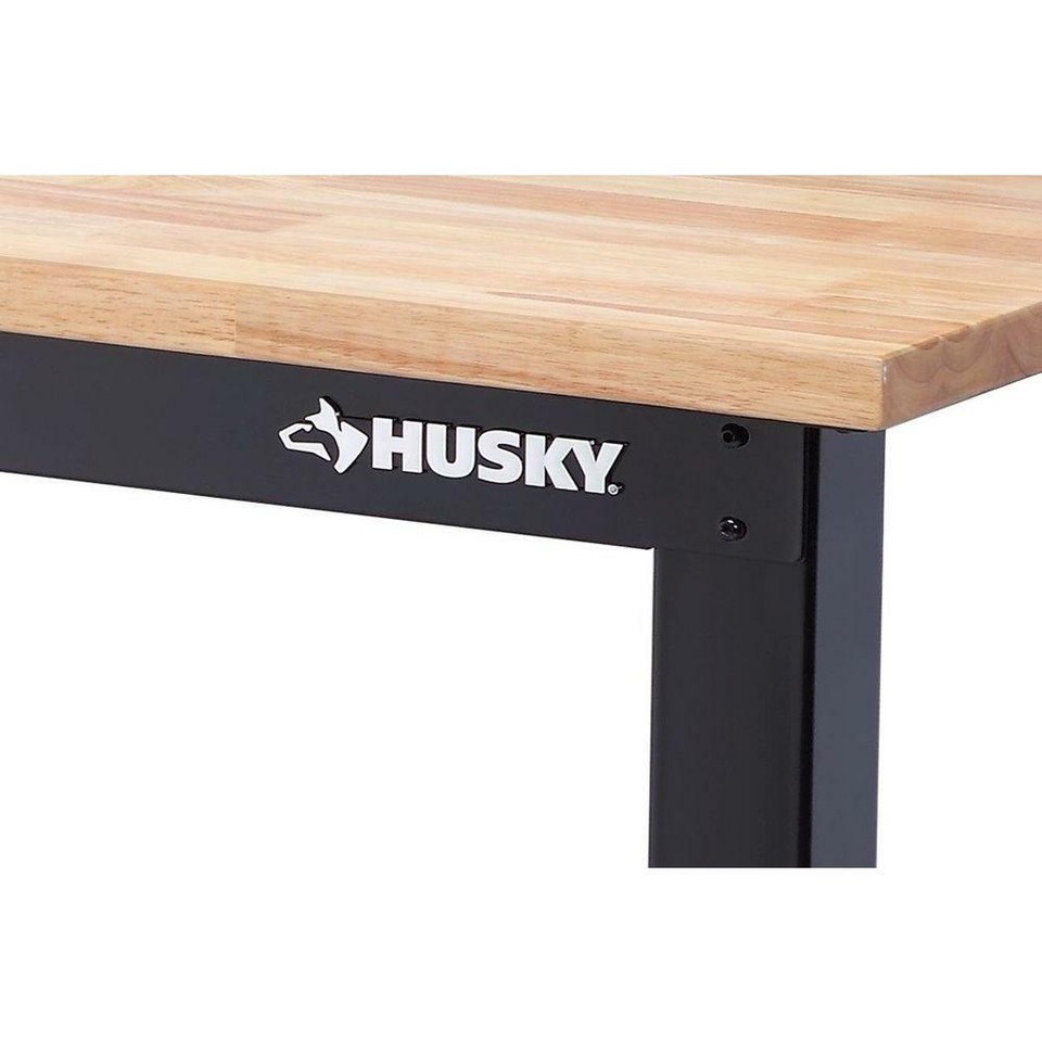 Husky 6 ft. Solid Wood Top Workbench Adjustable Feet Offset Any Floor ...
