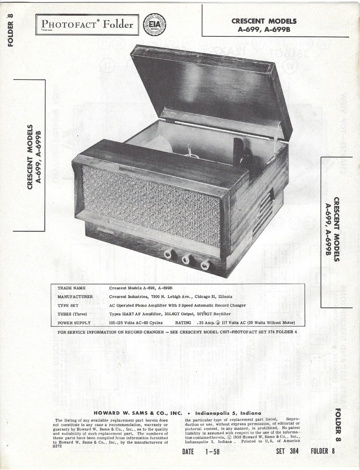 1958 CRESCENT A-699 699B Record Player Photofact MANUAL Changer Phono ...