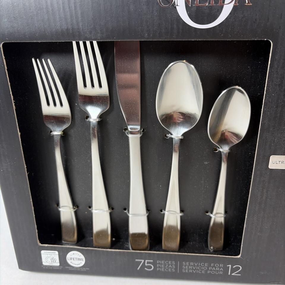 Oneida SATIN MODA 18/10 Stainless 75pc. Flatware Silverware Set Service ...