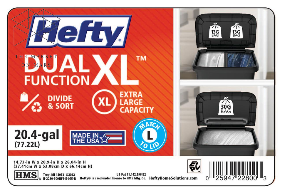 Hefty 20.4 Gal Dual Function XL Plastic Divided Kitchen Trash Can ...