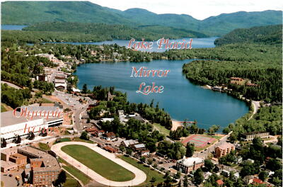 Aerial view of Olympic Arenas, Speed Skating Oval, and Lake Placid ...