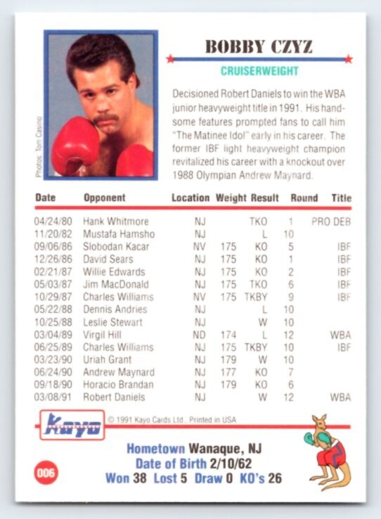 BOBBY CZYZ CRUISERWEIGHT BOXER Kayo Boxing Trading Card 1991 M171 | eBay
