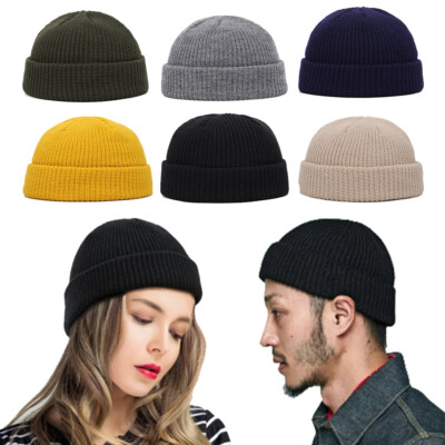 Men Mini Short Fisherman Beanie Hat Winter Warm Knitted Ribbed Docker ...
