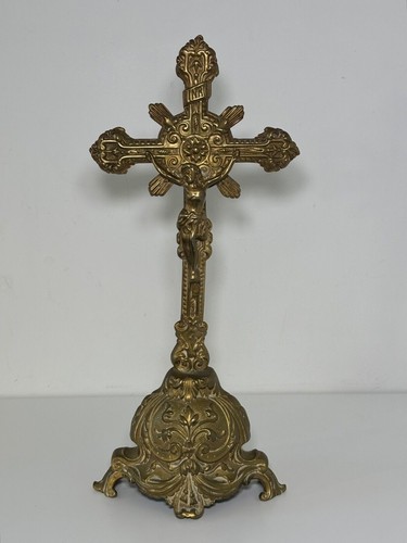 Crucifix on brass stand (bronze?), Christ on the cross INRI, religious ...