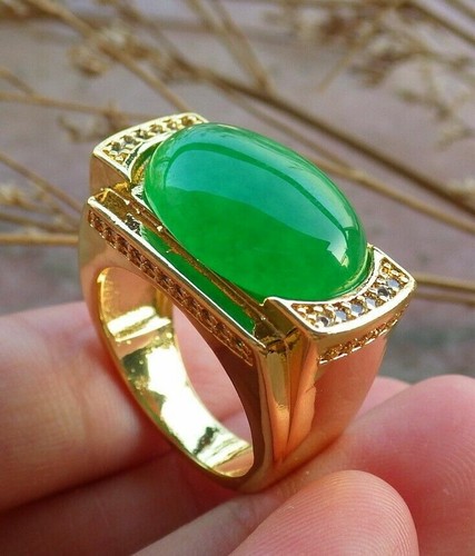 Fashion Yellow Gold Plated Genuine Green Jade Cabochon Inlay Cubic ...