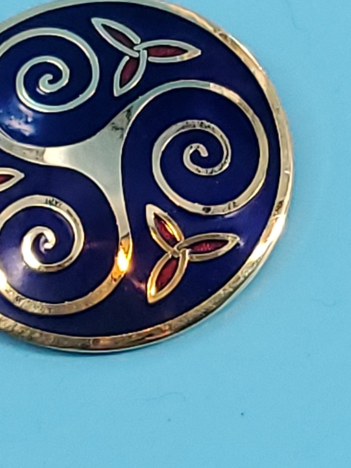 Celtic Triskele & Trinity Symbol Cloisonne Round Brooch Blue Enamal By ...