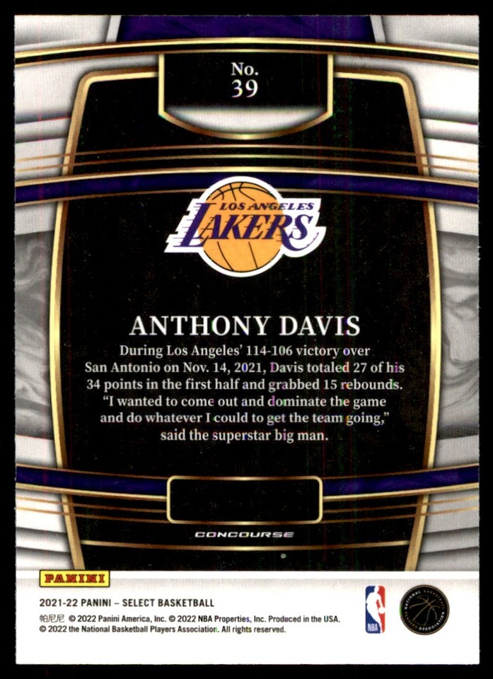Anthony Davis 2021-22 Panini Select #39 Lakers NBA READ FREE SHIP ...