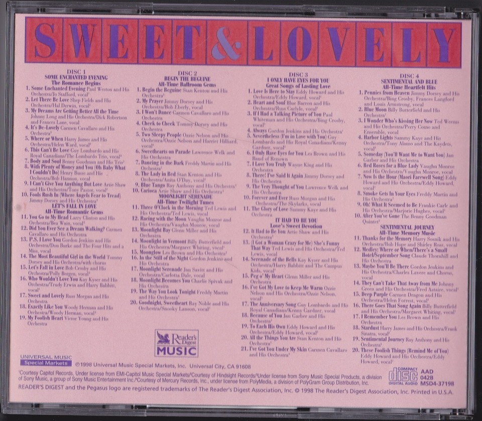 MINT! READERS DIGEST, 4MUSIC CDs, SWEET AND LOVELY. THE SWEET BANDS ...