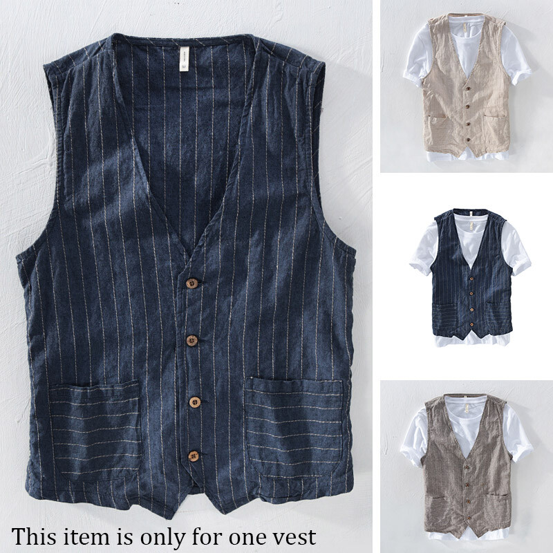 Men Cotton Linen Retro Vest Striped Waistcoats Retro Tank Tops Casual ...