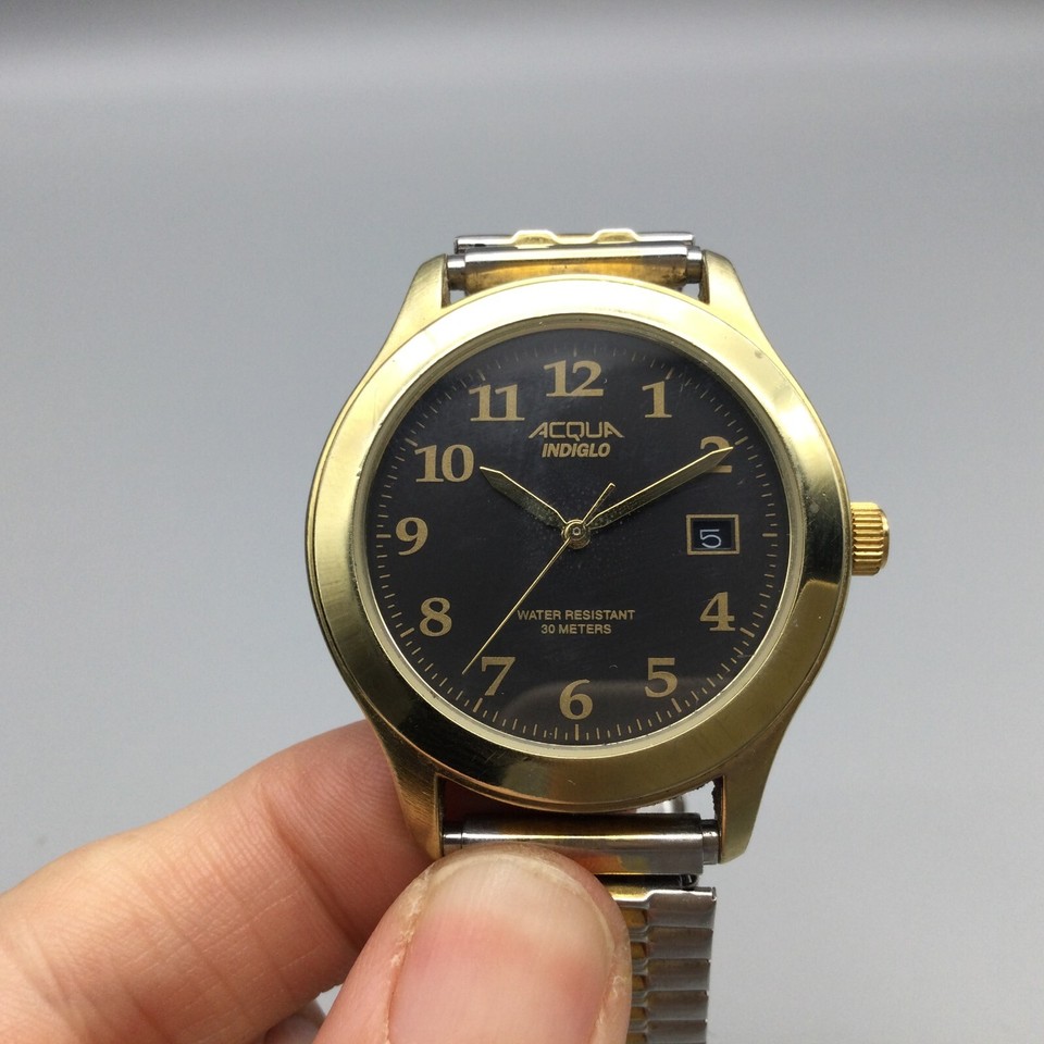 Vtg Timex Acqua Watch Men 36mm Gold Tone Indiglo Stretch Band New ...