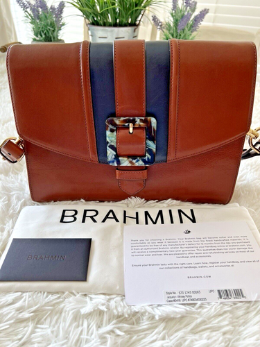 Brahmin Mini Francine Whiskey Portico Brown Blue Smooth Leather Satchel ...