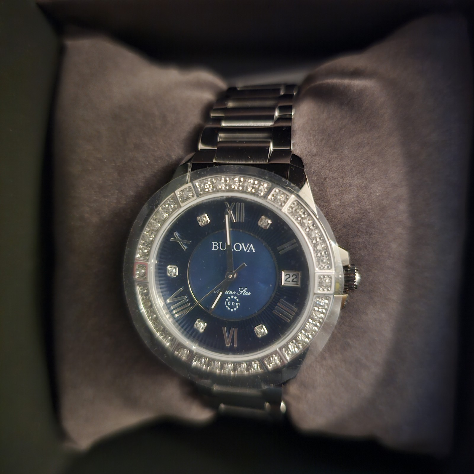 Bulova Marine Star Midnight Blue Mother of Pearl Diamond Dial Ladies ...