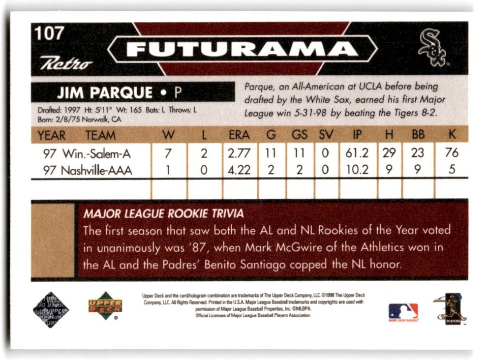 1998 Upper Deck Retro Jim Parque RC Chicago White Sox #107 | eBay