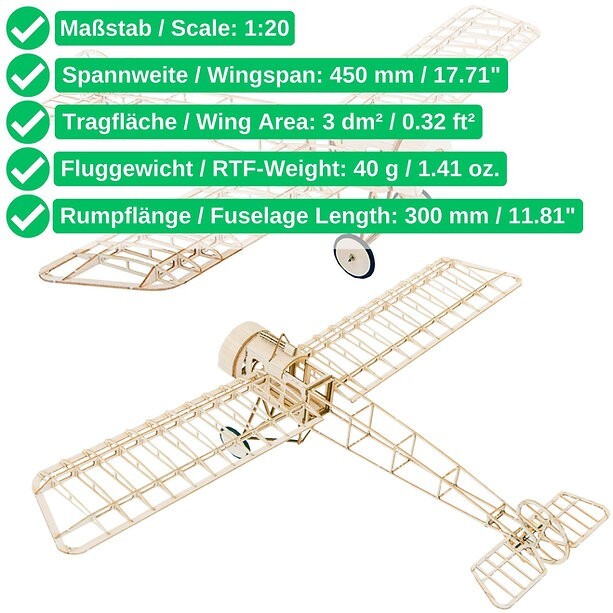 Fokker E.III Eindecker Slow Flyer Kit 450mm Balsa Wood Plane Kit Tony ...