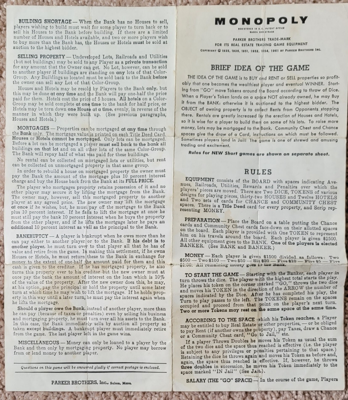 Monopoly Instructions 1961 Brief Idea of the Game Replacement Piece ...