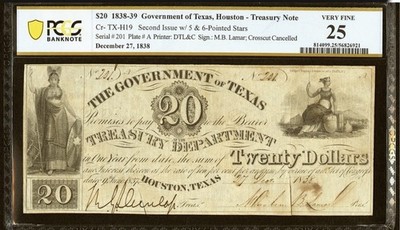 Republic of Texas 1838-39 Houston, Treasury Warrant Government $20 ...