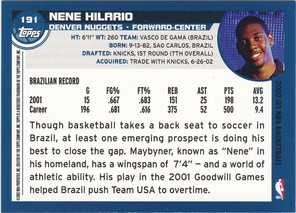 2002-03 Topps NBA. NENE HILARIO RC. Card #191. Denver Nuggets. | eBay