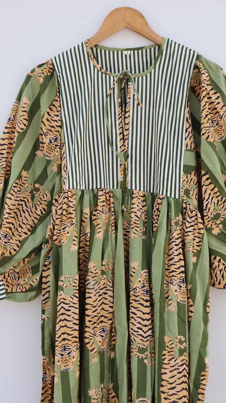 Indian Green Tiger Printed Midi Dress, Long Dress, Deep Neck With ...