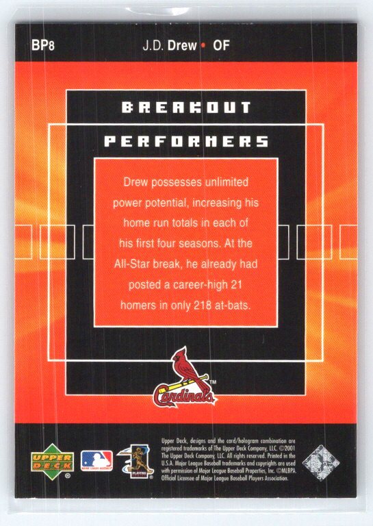 2002 Upper Deck J.D. Drew #BP8 Breakout Performers St. Louis Cardinals ...