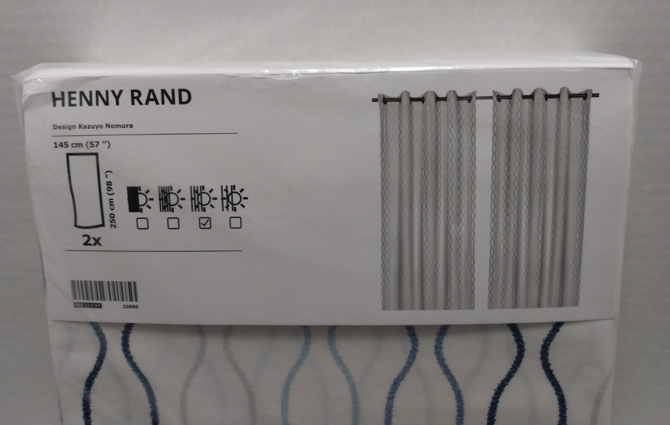 Ikea HENNY RAND Curtains 2 Panels (1 pair) 57" x 98" White Gray Blue ...
