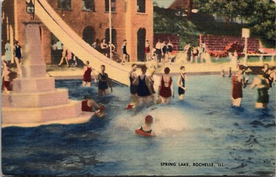 Postcard Illinois Rochelle Spring Lake Swimming Pool Water Slide LINEN ...