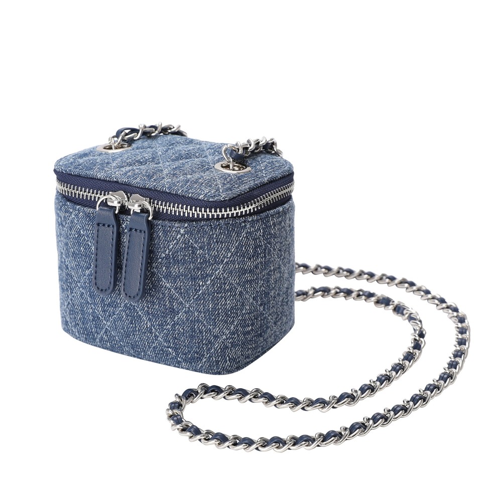 Mini Quilted Denim Shoulder Bag Vanity Case Purse Box Clutch Crossbody ...