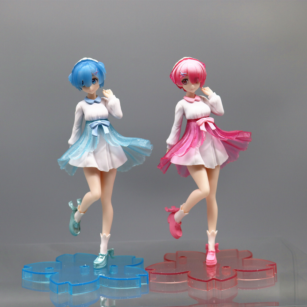 Beautiful Rem Ram Girl Pvc Figure 21.5cm Standing Pose Blue Pink Skirt ...