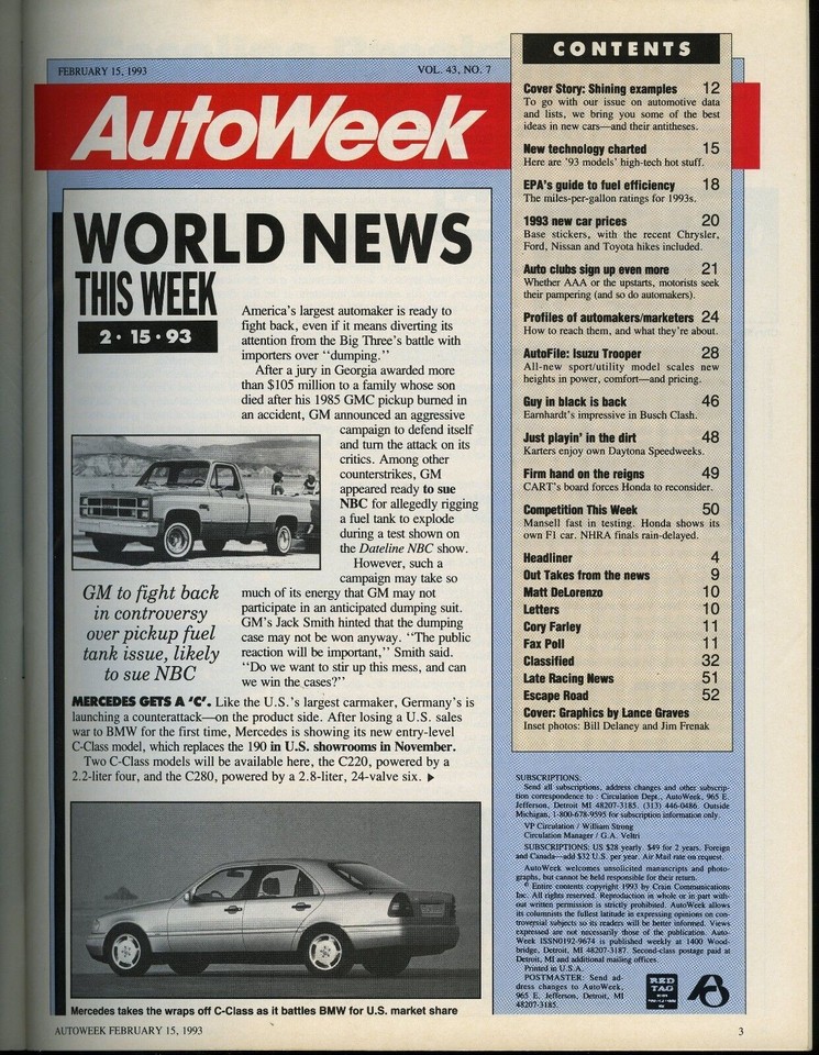 AutoWeek Magazine February 15, 1993 Isuzu Trooper, '93 Prices, MPG and ...